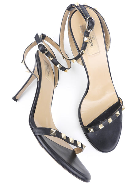 Valentino Black Leather Rockstud Embellished Ankle Strap Stiletto Heel ...