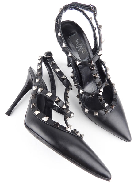 Valentino Garavani Noir Black Leather Rockstud Ankle Strap Stiletto Sa ...