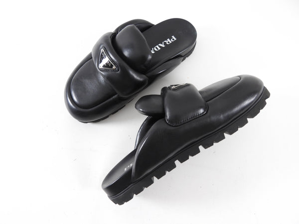 Prada Black Leather Triangle Logo Puffer Slide Mule Shoes - 36.5 / 37 ...