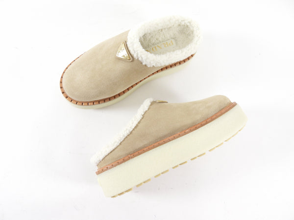 Prada Beige Suede Shearling Platform Mules - 37 / 7 – I MISS YOU VINTAGE
